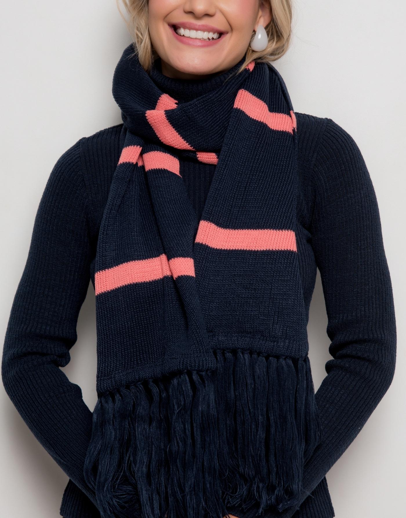 Cachecol Listrado Teles Marinho e Rosa Sereno | Oficina de Inverno